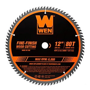 WEN BL1280 12-Inch 80-Tooth Fine-Finish Professional Woodworking Saw Blade for Miter Saws and Table Saws