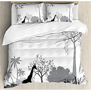 Ambesonne Savannah Duvet Cover Set, Grayscale Silhouette of Savannah Giraffe Deer and Trees Wild Region Theme Africa, Decorative 3 Piece Bedding Set with 2 Pillow Shams, Queen Size, White Grey