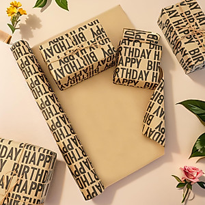 Win Change Birthday Wrapping Paper Rolls, Gift Happy Birthday Wrapping Paper Kraft Gift Birthday Design for Boys Men Women Girls Birthday 17 Inch X 33 Ft(Black,46.8 Sq.Ft.Ttl)