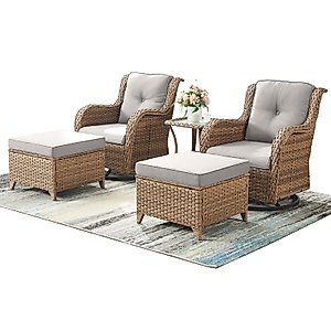 Rilyson Patio Furniture Swivel Chairs Set - 5 Piece Rattan Wicker Outdoor Sectional Conversation Sets with 2 Swivel Rocking Chairs,2 Ottomans and 1 Side Table for Porch Deck Garden(Yellow/Beige)