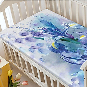 Watercolor Flower Themed Fitted Crib Sheet,Standard Crib Mattress Fitted Sheet Soft & Stretchy Fitted Crib Sheet-Great for Boy or Girl Room or Nursery,28“ x52“,Lilac Teal Ecru