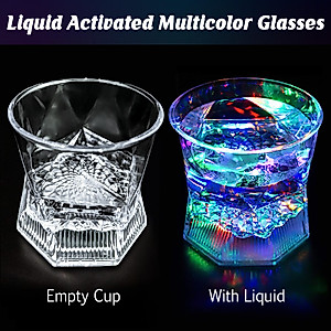 UPZAI LED Old Fashioned Glasses: 10oz Liquid Activated Multicolor Light Up Drinking Tumblers Set of 4 - Plastic Fun Cups for Water Beer Cocktail Whiskey Bar Party