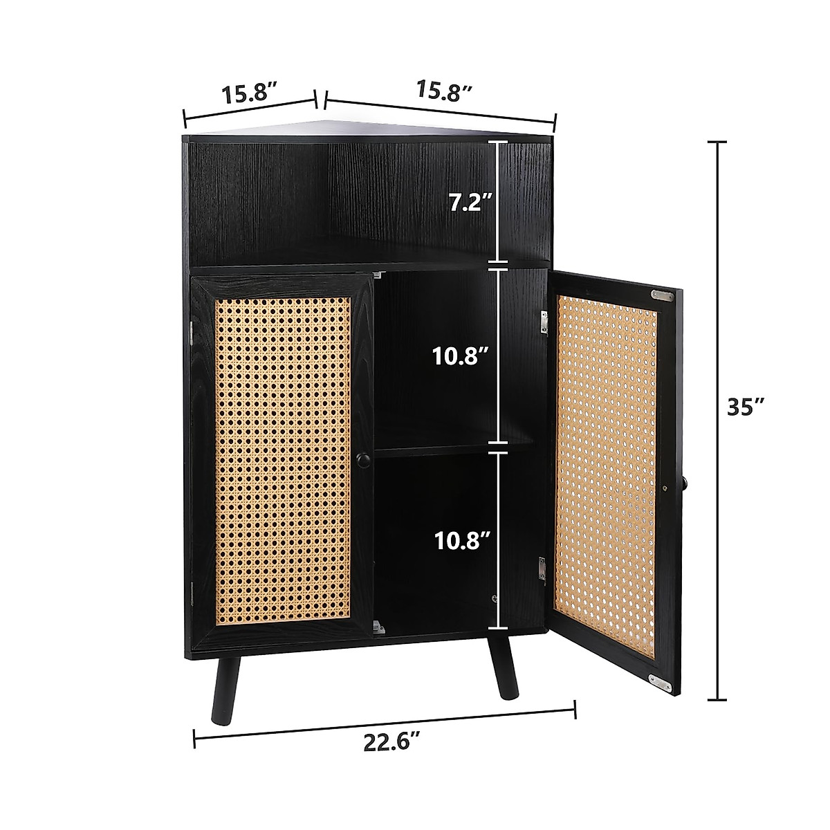 ZYBT Rattan Corner Storage Cabinet, 4-Tier Cabinet with 2 Rattan Doors, Small Wood Corner Table Bar Cabinet, Small Space Freestanding Corner Shelf Stand for Living Room, Bedroom, Kitchen (Black)