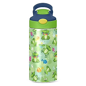 ALAZA Cute Cartoon Lotus Pond Frog Kids Water Bottles with Lids Straw Insulated Stainless Steel Water Bottles Double Walled Leakproof Tumbler Travel Cup for Girls Boys Toddlers 12 oz / 350 ml,Green
