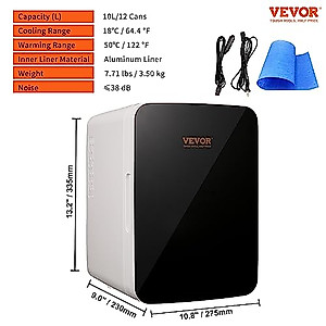 VEVOR Mini Fridge for Bedroom 10 Liter/12 Can Portable Refrigerator, Luxury Small Beverage Cooling for Skincare Food Breast Milk Chill AC/DC Cooler Warmer for Office Dorm Car, Black