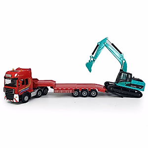 Flatbed Truck Toy with Crawler Excavator Toy Tractor Semi Tow Truck Transport Trailer Metal Diecast Construction Vehicles 2 in 1 Vehicle Playset Friction Powered Toy Trucks for Boys Kids Gift, red