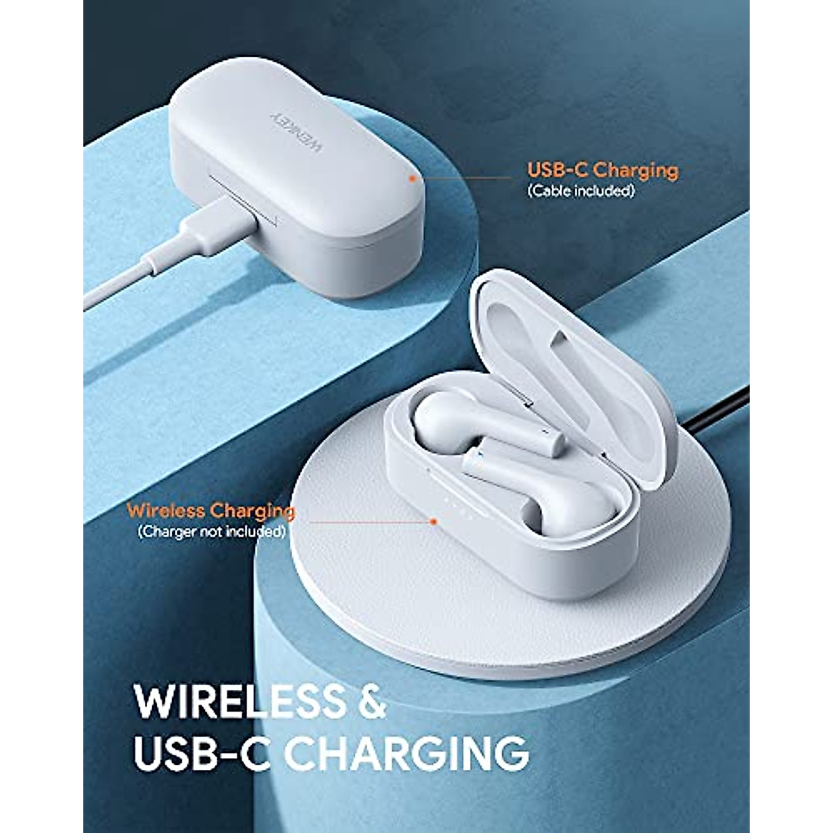 Wireless Earbuds, WENKEYTWS Bluetooth 5.1 Headphones with Wireless Charging Case, Noise Canceling Mics, 30H Playtime, IPX6 Water Resistance, Hi-Fi Stereo Earphones for iPhone and Android(White)