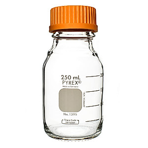 Pyrex Round Media Storage Bottle with GL45 Screw Cap - Borosilicate Glass Bottles with Caps - Premium Scientific Glassware for Labs, Classrooms or Home Use Glass Container, 250mL, 2/Pk