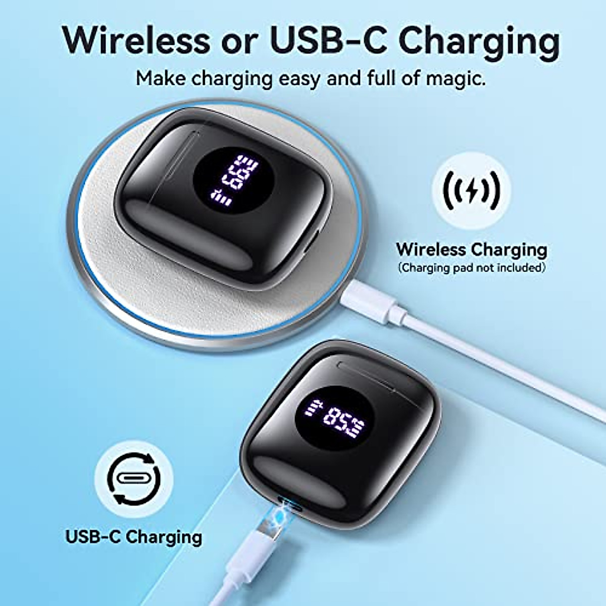 CAPOXO Wireless Earbuds, V5.3 Bluetooth Headphones 50Hrs Battery Life with Wireless Charging Case & LED Power Display Deep Bass Ear buds Waterproof Earphones Microphone Stereo Headset for TV Phone Laptop, N7-BL-2306, Black