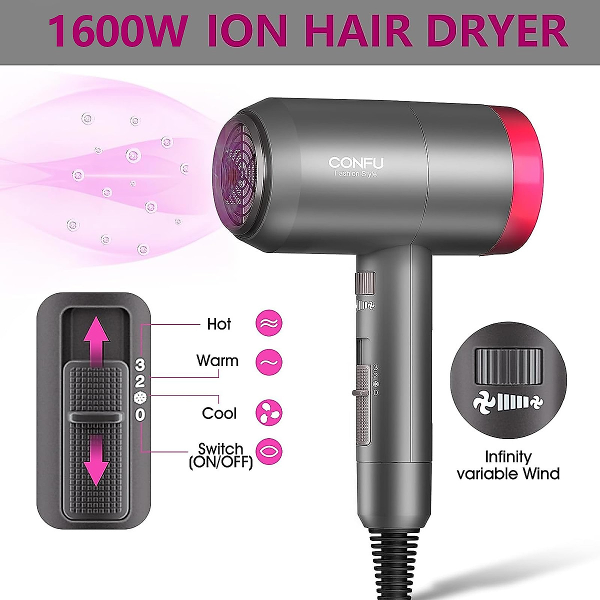 Hair Dryer with Diffuser, Professional Salon Negative Ions Blow Dryer Powerful 1600W for Fast Drying, 3 Heating & Infinity Speed, with Constant Temperature, No Hair Damage, Low Noise