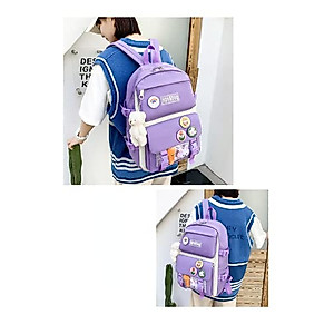 4Pcs Kawaii Cute Backpacks Combo Set with Bear Pendant Pins Back To School Supplies Aesthetic Anime Canvas Schoolbag Daypack (Purple)