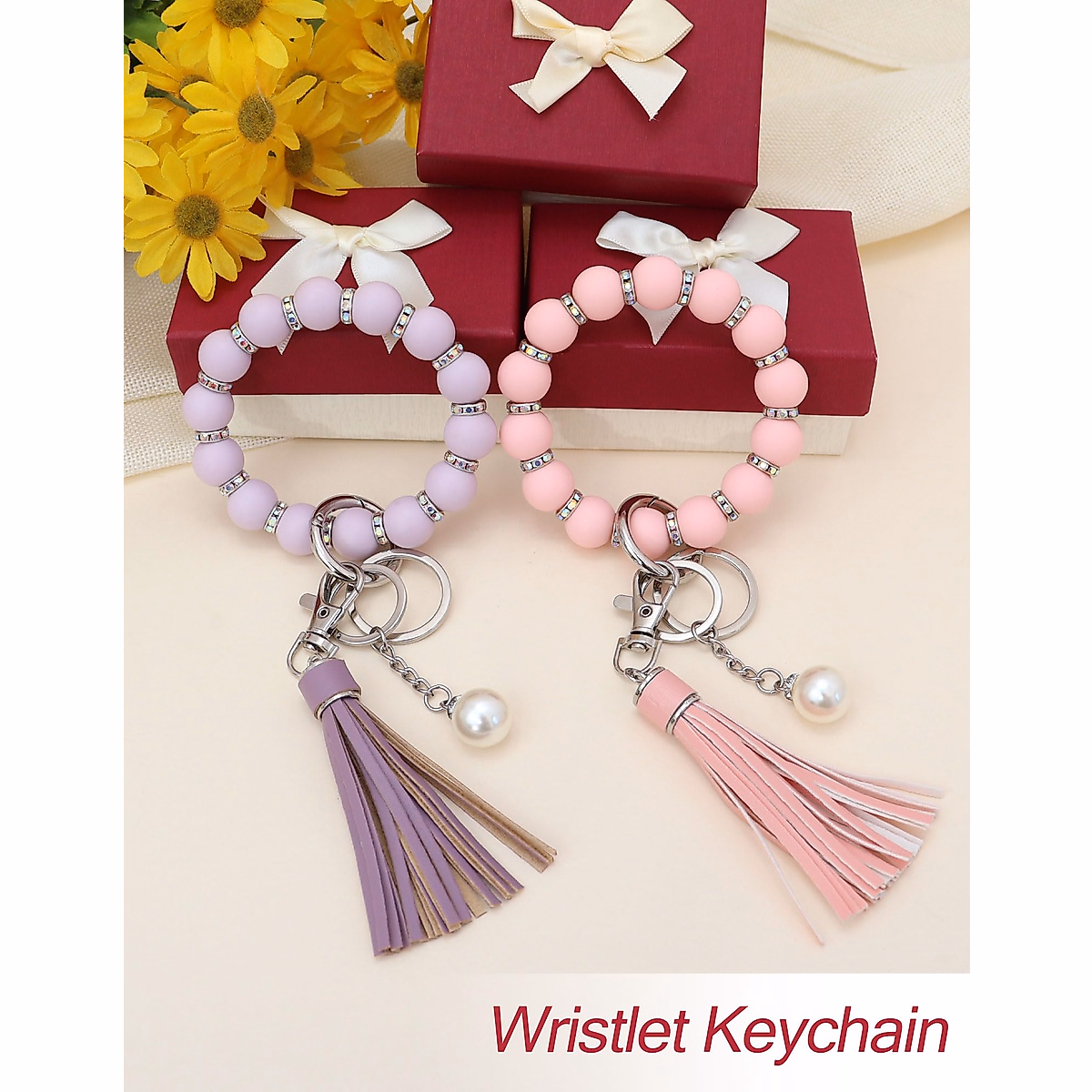 Panny & Mody Silicone Key Ring Bracelet Wristlet Keychain with Silver Bling Zircon & Leather Tassel for Women Gift (Pearl)