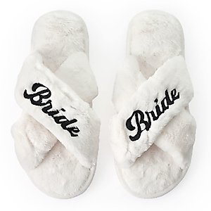 xo, Fetti Bride Slippers, White Fur, S/M | Bachelorette Party Decorations, Wedding Day Sandals, Bridesmaid Gift, Bridal Shower Party Favor