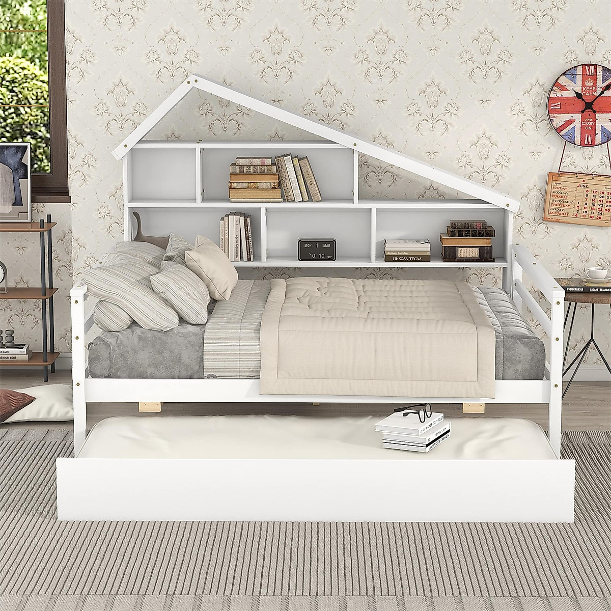 Harper & Bright Designs Full Size Daybed with Trundle and Storage Bookcase, Solid Wood Platform Bed Frame, House Bed for Kids Girls Boys, No Box Spring Needed (Full, White)