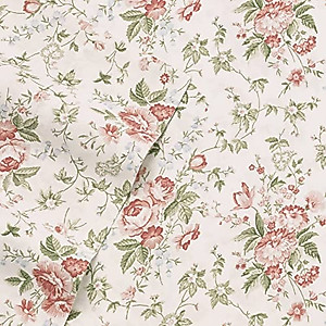 Laura Ashley Home - Queen Sheets, Soft Sateen Cotton Bedding Set - Sleek, Smooth, & Breathable Home Decor (Lilian Coral,4 pieces, Queen)