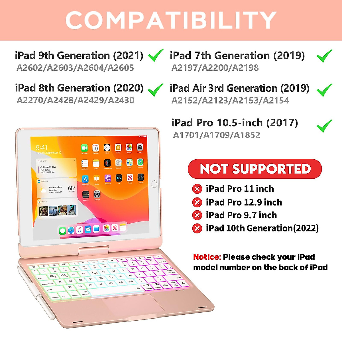 NOKBABO iPad 9th Generation Case with Keyboard, 360° Rotatable Touchpad and 7 Color Backlight & Pencil Holder for iPad 9th/8th/7th Gen 10.2 inch & iPad Air 3rd Gen/iPad Pro 10.5 inch - Rose Gold
