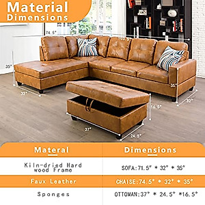 A Ainehome Sectional Sofa Living Room Furniture Set 103.5" Wide L Shape Couch Faux Leather with Left Hand Facing Chaise and Storage Ottoman for Home Room Decor Bedroom