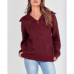 KIRUNDO Women's 2023 Fall Winter Long Sleeve Quarter Zip Pullover Casual V Neck Ribbed Knit Sweaters Jumper Tops(Wine Red, Medium)