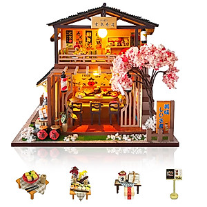 DIY Miniature Dollhouse Kit, Japanese Tiny House Model with Music Box, LED Light, Dust Proof Cover, 3D Wooden Puzzle for Adults, Creative Handmade Crafts Home Decor Hobby Birthday Gift (Sushi Shop)