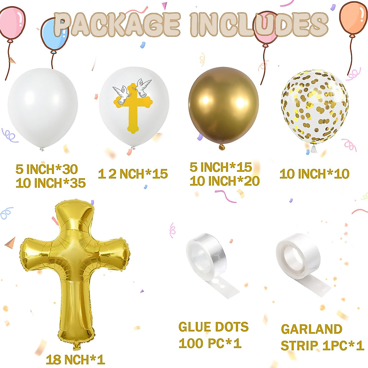 First Communion Decorations 129Pcs First Communion Balloon Garland Arch Kit white Confetti Balloons with Cross Balloon for First Holy Communion Decorations God Bless Christening Baptism Party Supplies