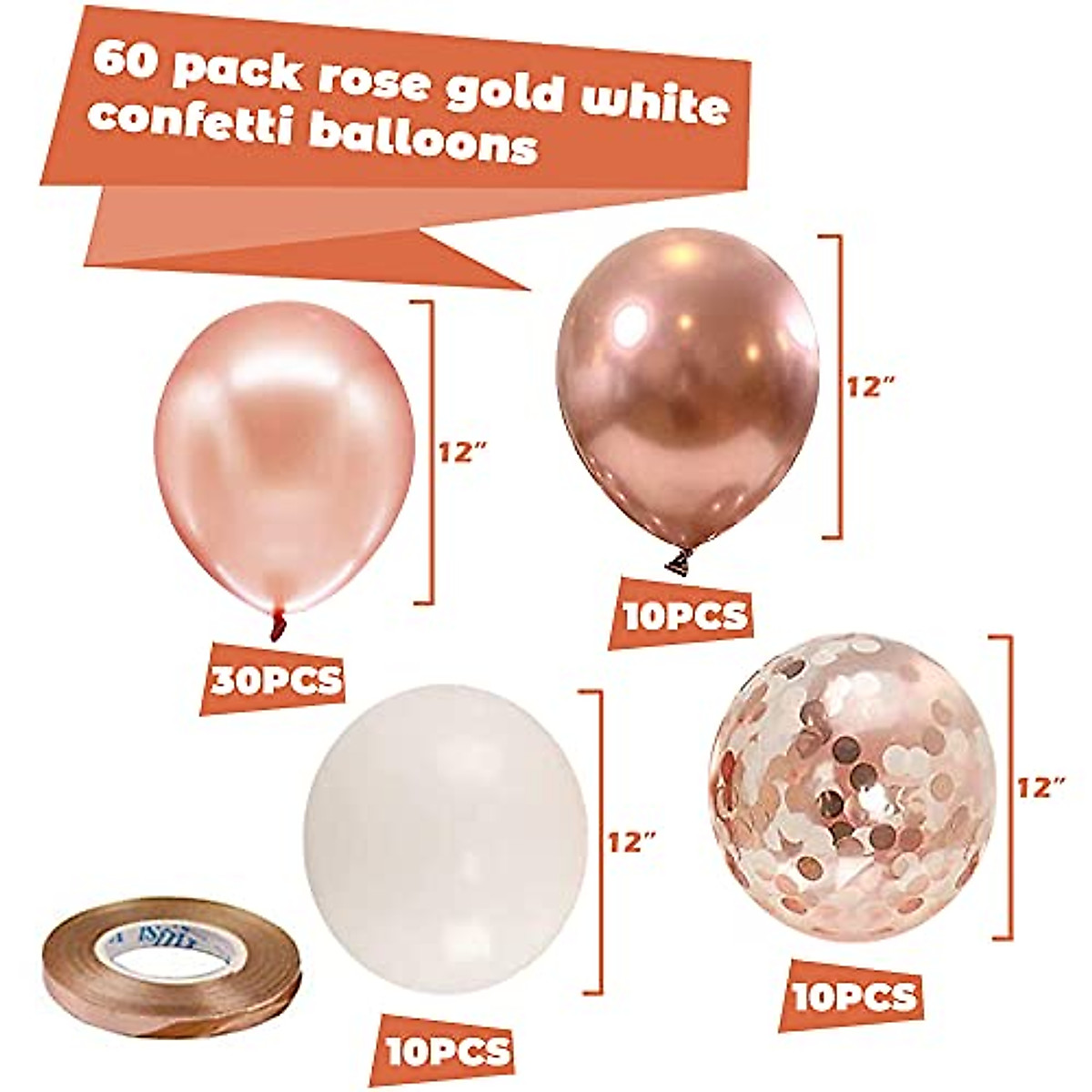 Kalyerparty Rose Gold Balloons, 60 Pack Rose Gold Confetti Balloons 12 inch Rose Gold Balloon White Latex Balloons for Birthday Party Wedding Graduation Bridal Shower Decorations.