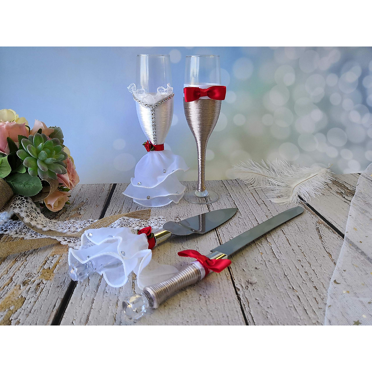 Abbie Home Wedding Anniversary Cake Knife and Server Set in Grey and White- Silk Bow Tie and Red Rose Rhinestone Lace Decoration (Cake Knife&Server Set)