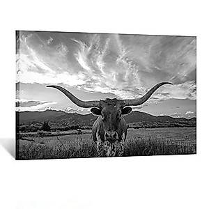 Kreative Arts Black and White Animal Canvas Wall Art Highland Cattle with Long Horns Picture Texas Longhorn in Sunset Farm Painting for Home Decor Modern Living Room Decorations Ready to Hang 47x32inch