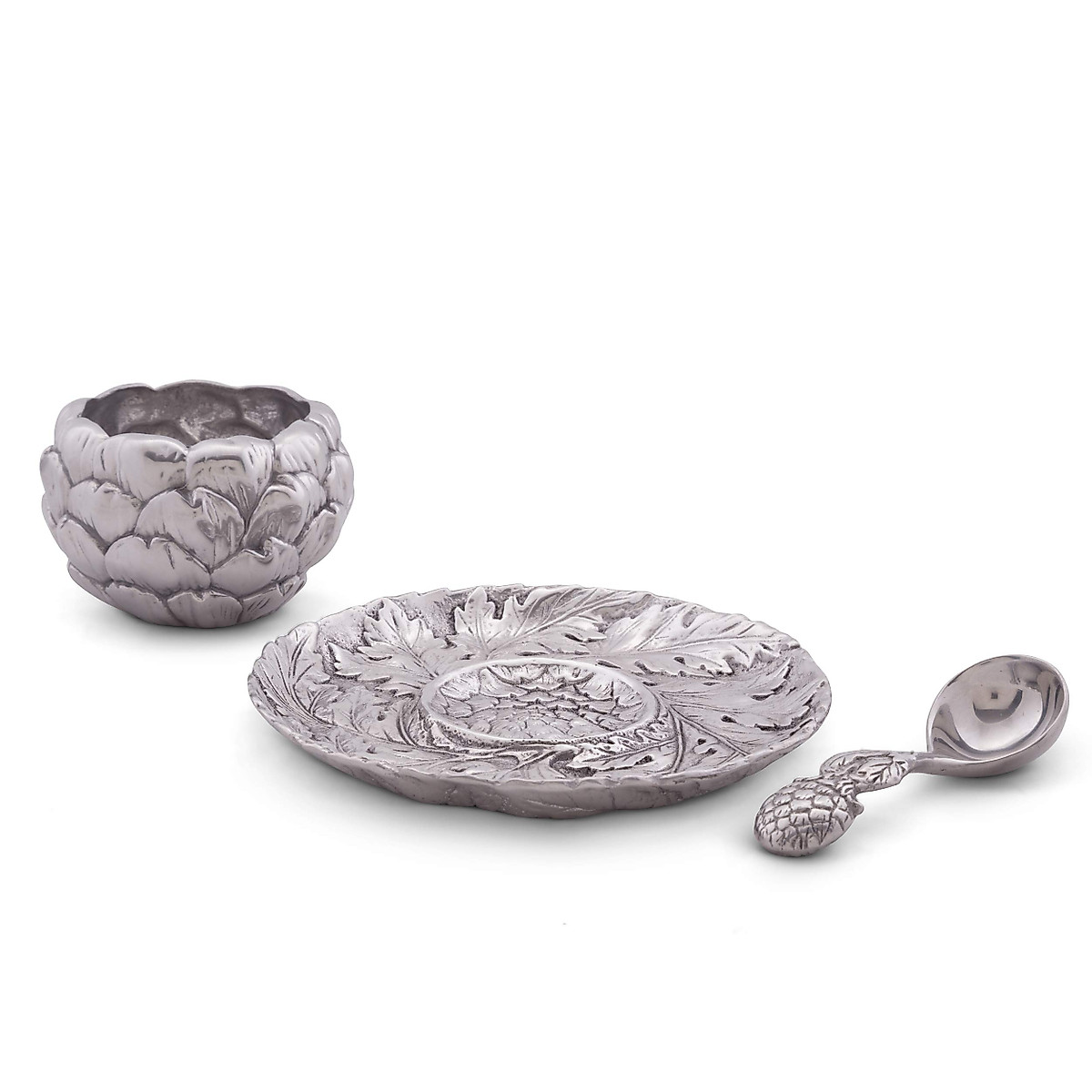Arthur Court Aluminum Artichoke Condiment Set 3 piece Bowl, Tray, Spoon 7 inch Diameter Tray