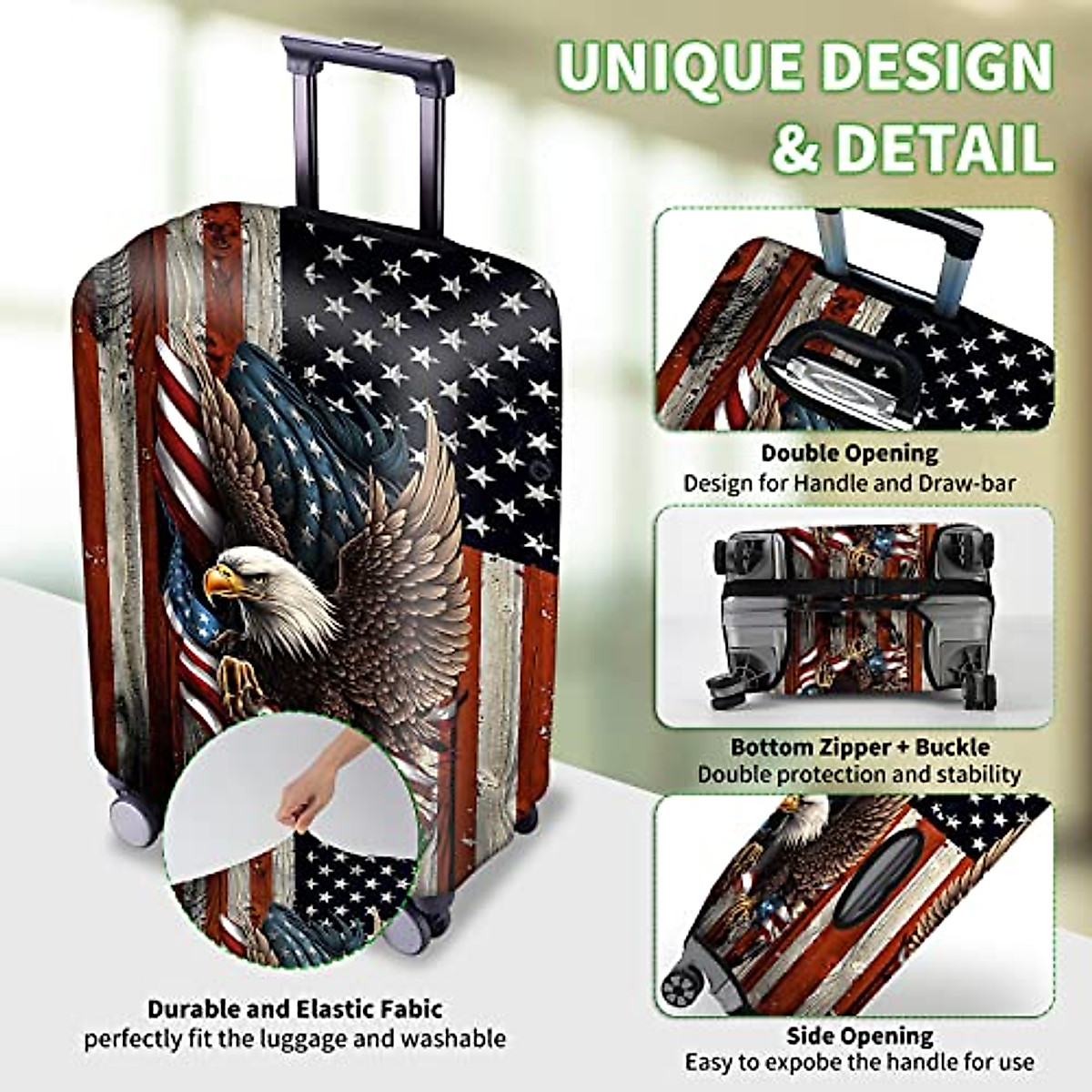 Luggage Covers for Suitcase TSA Approved,Elastic Washable Suitcase Cover Protector, Bald Eagle with American Flag Luggage Cover Sleeve Wrap for 22/23/24/25 Inches Suitcase (M) Travel Accessories