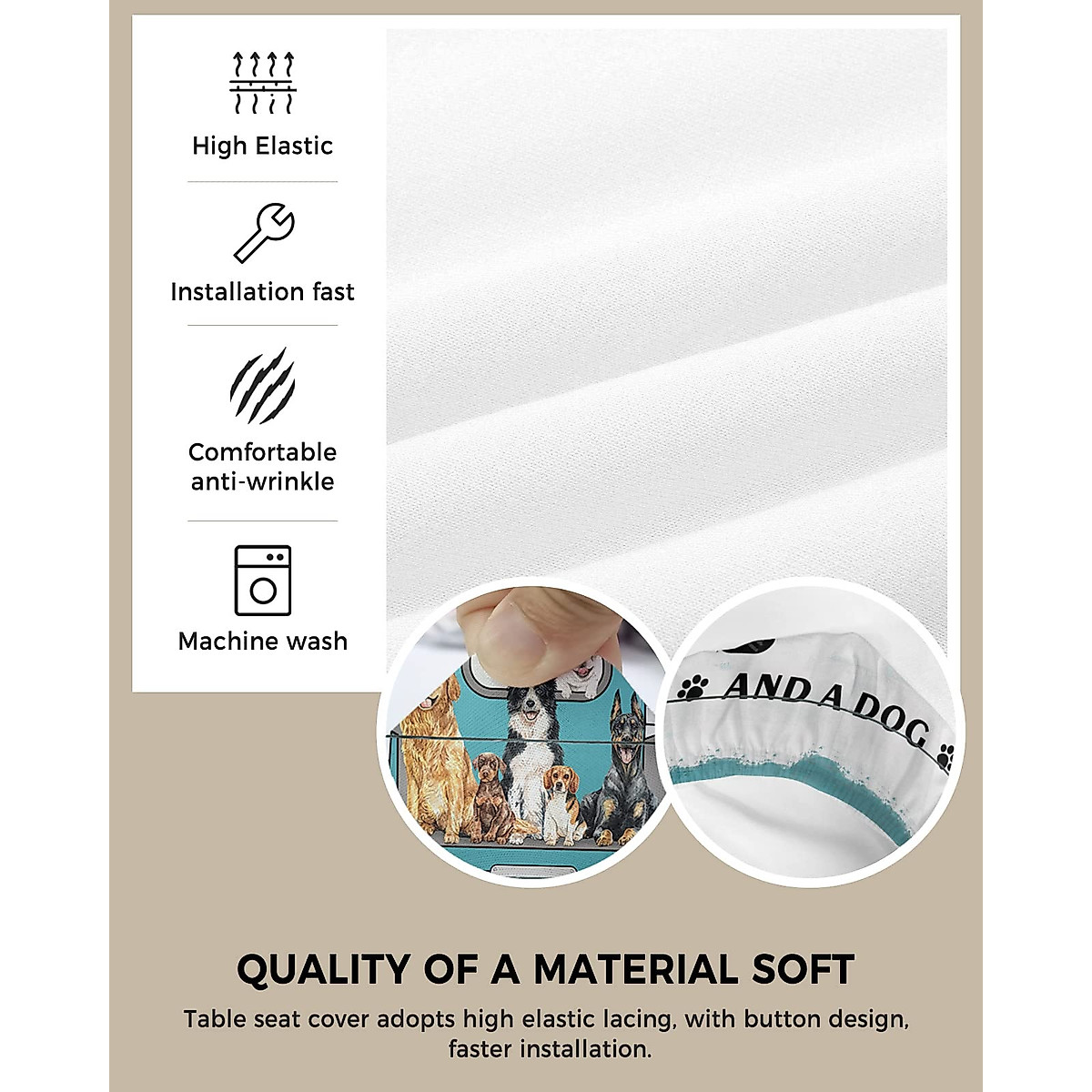 Blue Old Car with Kind of Puppies Seat Covers for Dining Chairs, Stretch Kitchen Chair Slipcovers, Retro Wooden Stripes Grain Dining Room Chair Covers Removable Office Chair Cover Protector Set of 6