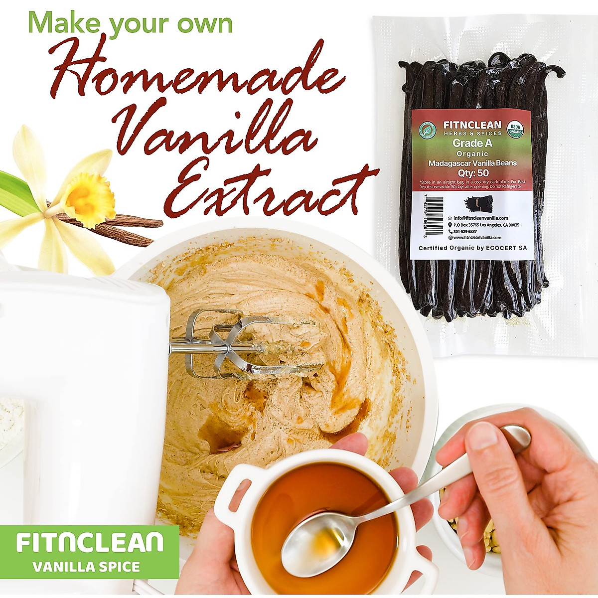 50 Organic Grade A Madagascar Vanilla Beans. Certified USDA Organic for Extract and all things Vanilla by FITNCLEAN VANILLA. ~5" Bulk Fresh Bourbon NON-GMO Pods.