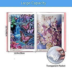 MEGREZ A3 Diamond Painting Storage Book, Large Portfolio Folder for Artwork, Report Sheet, Art Painting Storage Book with 60 Pockets Clear Sleeves, Pink