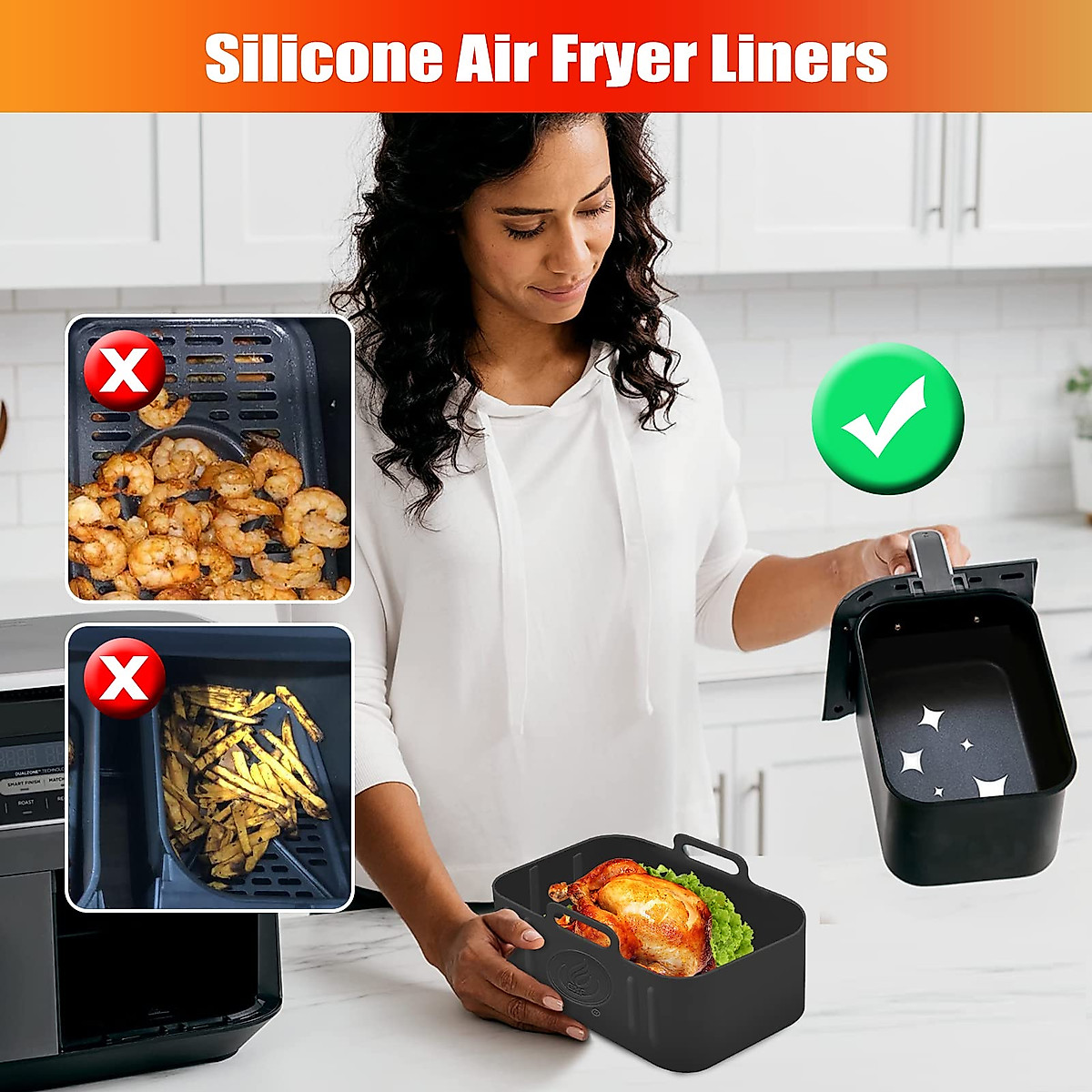 2 PCS Air Fryer Silicone Liners for Ninja Foodi Dual Zone DZ090 6QT DZ201 DZ100 8QT Air Fryer, Rectangular Food Grade Reusable Air Fryer Silicone Pots Accessories for Instant Vortex 8 QT Air Fryer