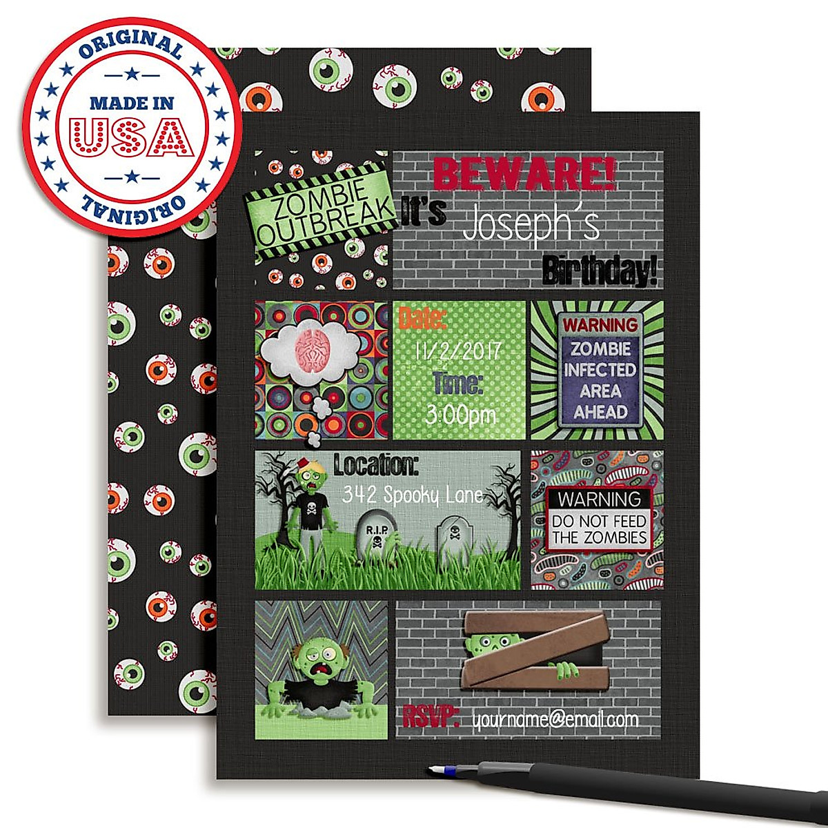 Zombie Outbreak Halloween Birthday Party Invitations, 20 5x7 Fill In Cards with Twenty White Envelopes by AmandaCreation