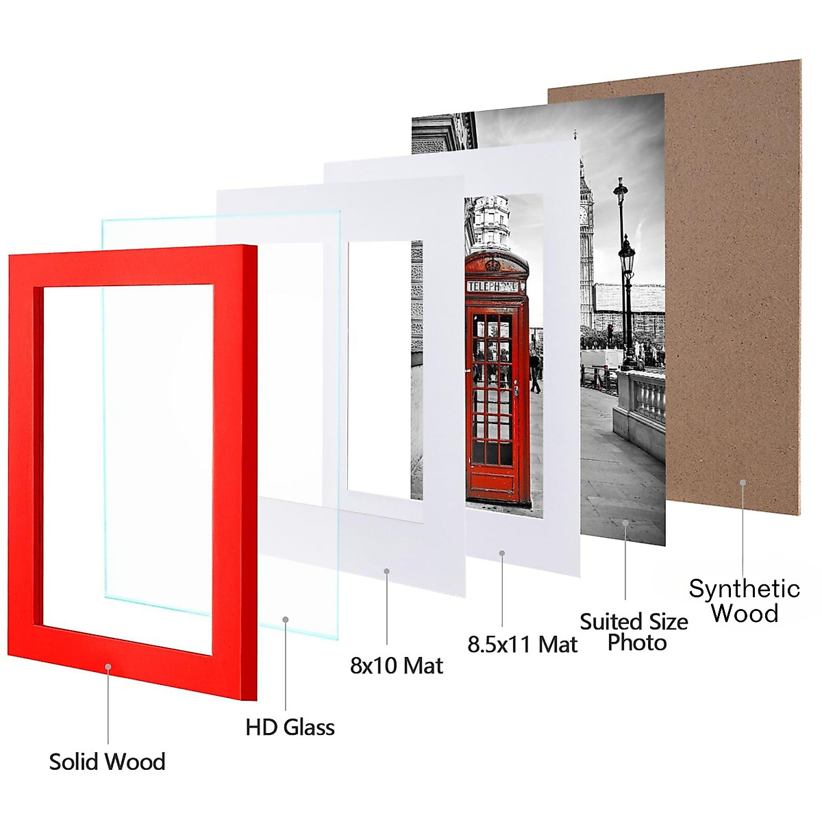 eletecpro 11x14 Picture Frame 4 Pack Made of Solid Wood and Strong Real Glass, Displays 8x10 and 8.5x11 Photos with Mat or 8x11 without Mat, Room Decor for Wall and Tabletop, Gallery Gifts Red