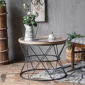 DAKVO Solid Round Wood Coffee Table, Round Coffee Tables Living Room Vintage Carved, Tempered Glass Panel with Wrought Iron Base Bracket, 25.98W X 20.27H in