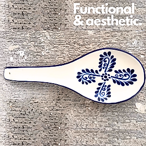 White Ceramic Spoon Rest - Hand Painted In Mexico - Handmade Talavera Kitchen Utensil Holder for Counter Stove Top - Dishwasher Safe - Mexican Style - Porta Cucharas Colonial White