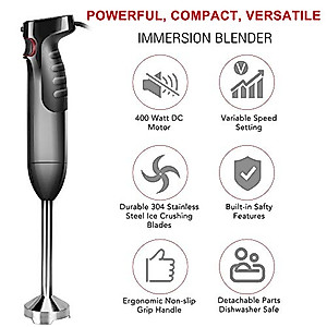 iCucina 4-in-1 Variable Speed Immersion Hand Blender, Powerful 400W DC Motor, One Button Operation Smart Stick Blender with Whisk, Beaker, Chopper attachments, Black