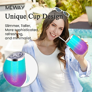 MEWAY Stemless 12oz Insulated Wine Tumbler with Lid and Straw - Double Wall Stainless Steel Thermal Cup for Hot and Cold Drinks, Travel wine glass, Bridal and Baby Shower Game Prizes(Glitter Aurora,1)