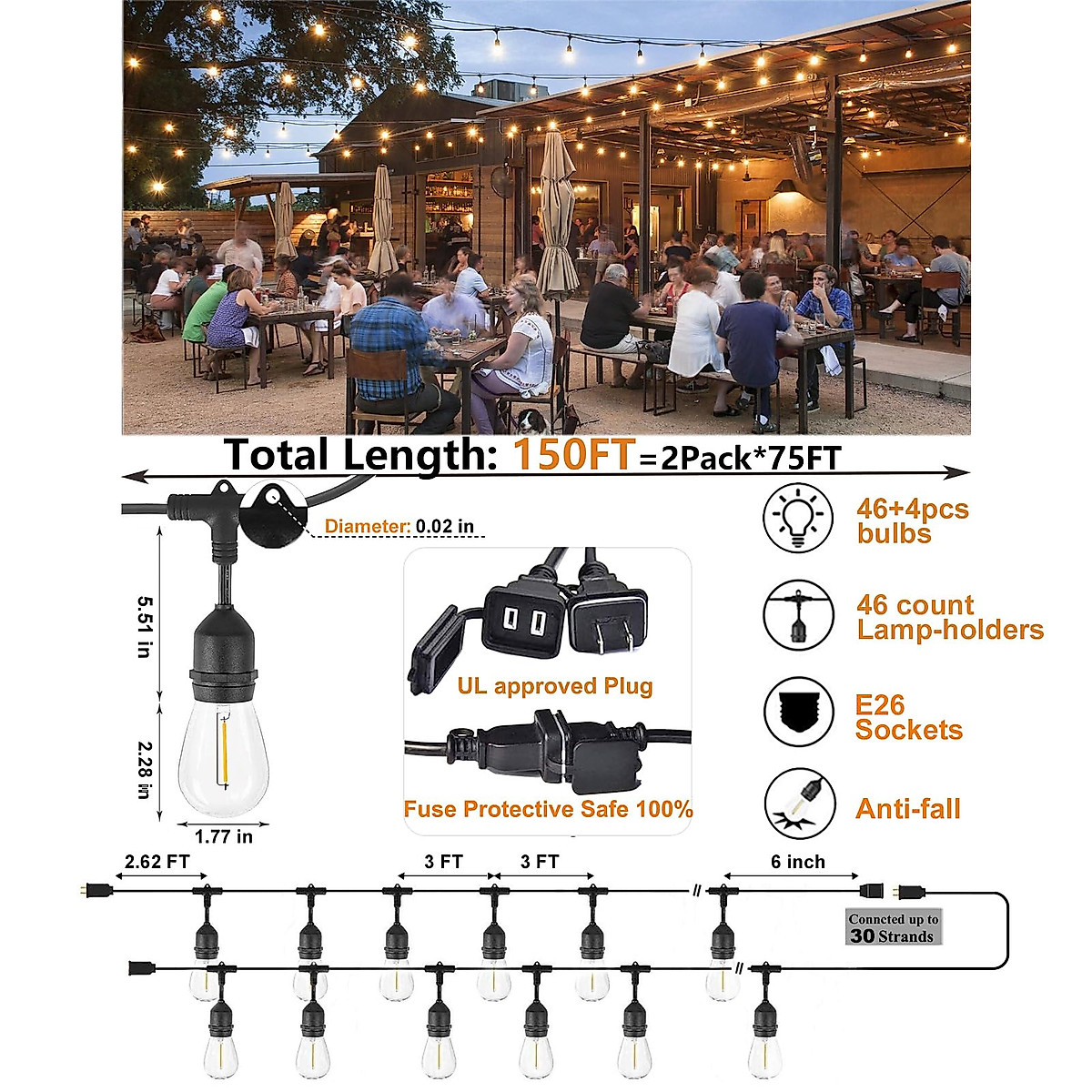 MEIDAODUO Outdoor String Lights LED 150FT Waterproof Heavy-Duty Patio Lights String with 50 Dimmable Shatterproof Plastic Edison Bulbs(4 Extra) for Gazebo Pergola Bistro Lights Connectable