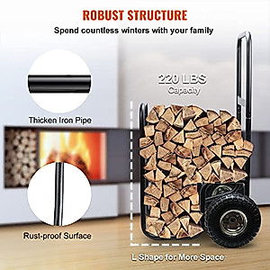 VEVOR Firewood Cart, 220 lbs Weight Capacity, Wood Carrier with Wheels, Binding Rope and Water-proof Tarp, Utility Log Rack for Storage or Move, Dolly Hauler for Indoor and Outdoor Fireplace, Black