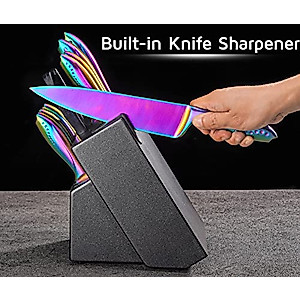 WELLSTAR Rainbow Knife Set 14 Pieces, Iridescent German Stainless Steel Kitchen Knives Set with Wooden Block, Colorful Titanium Coating, Chef’s Knife Block Set with Scissors and Built-in Sharpener