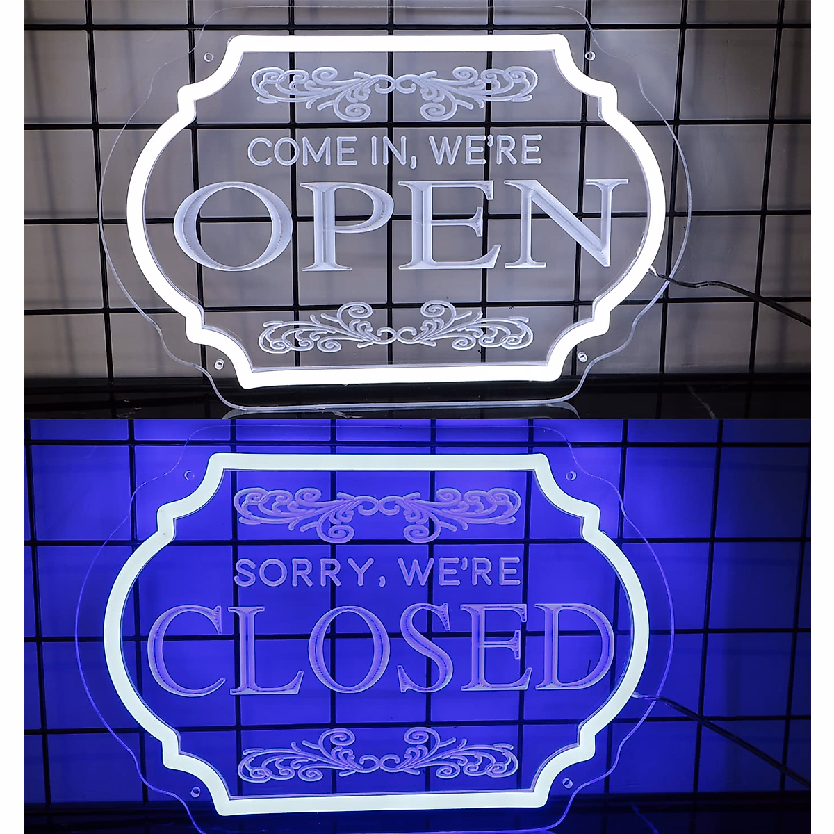 MinIeoh Open Closed LED Neon Sign, 3D Engraved Light Up Wall Door Window Decor Sign, 2PCS/SET, For Business Coffee Beer Salon Studio Bar Restaurants Hotel Office