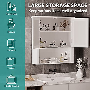 MEETWARM Bathroom Cabinet Wall Mounted with Double Doors, Wood Hanging Cabinet, Medicine Cabinet Storage Organizer with Height Adjustable Shelves Over The Toilet, White