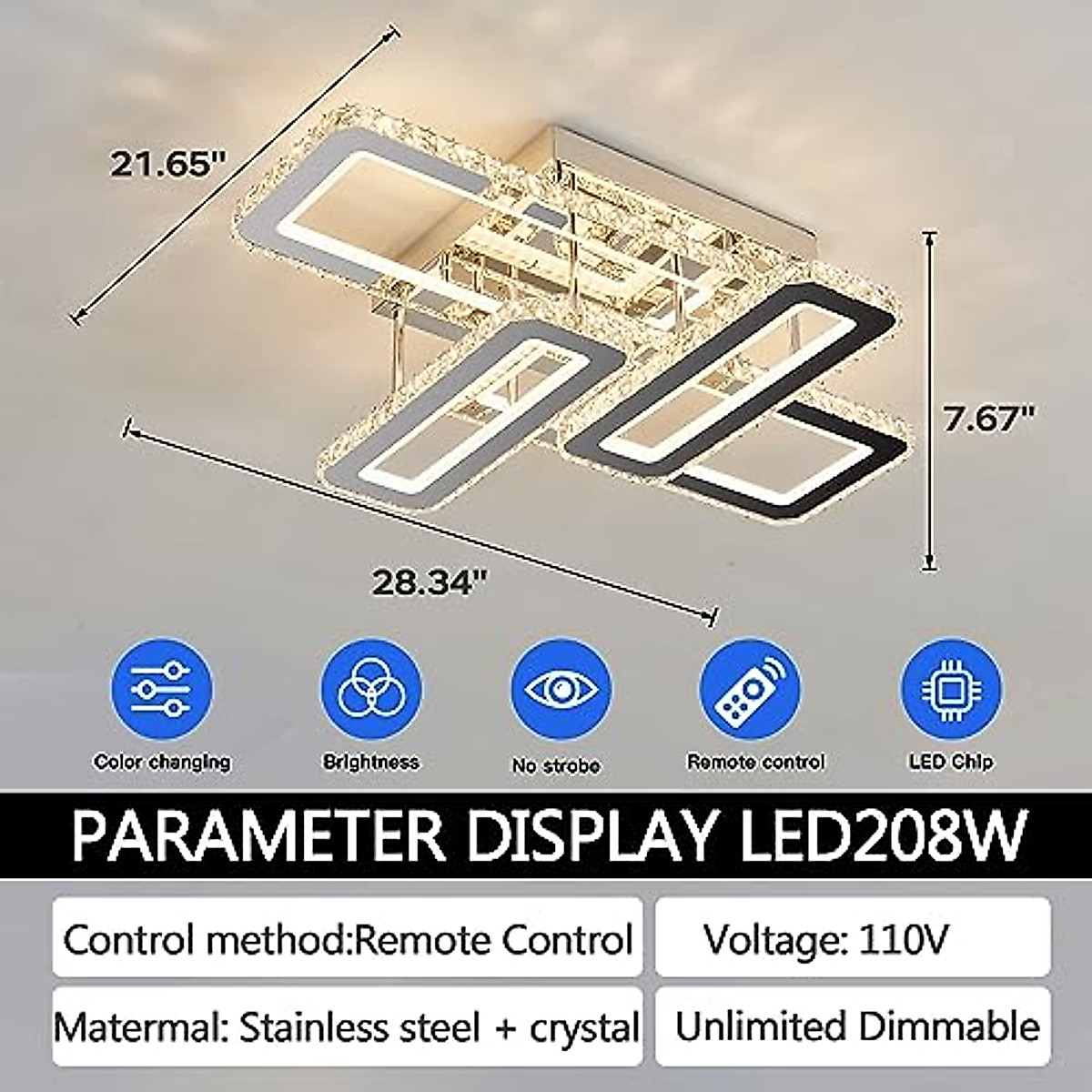 ZGLAOJT Large Crystal Ceiling Light Chrome Modern LED Ceiling Light Fixture with Remote Control Dimmable Ceiling Lighting Flush Mount Chandelier Farmhouse for Kitchen Bedroom Dinning LivingRoom