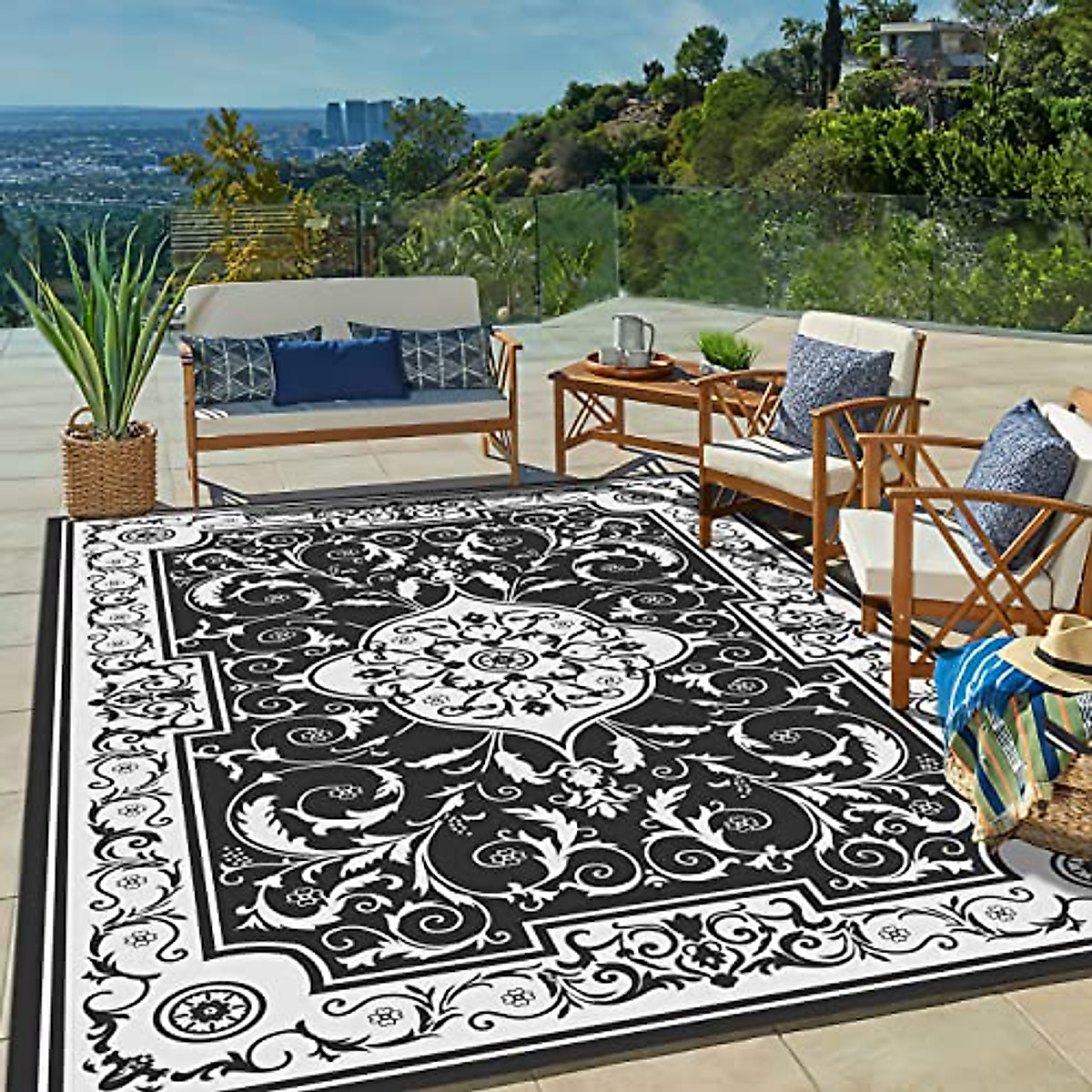 nalone Reversible Mats, Outdoor Rugs 6x9 for Patio, Outdoor Plastic Straw Rug, New York Patio Country Retro Transitional Geometric Outdoor Area Rug for RV, Camping, Deck, Picnic (6'X9', Black&White)