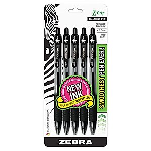Zebra Pen Z-Grip Retractable Ballpoint Pen, Medium Point, 1.0mm, Black Ink - 5 Pieces (22215)