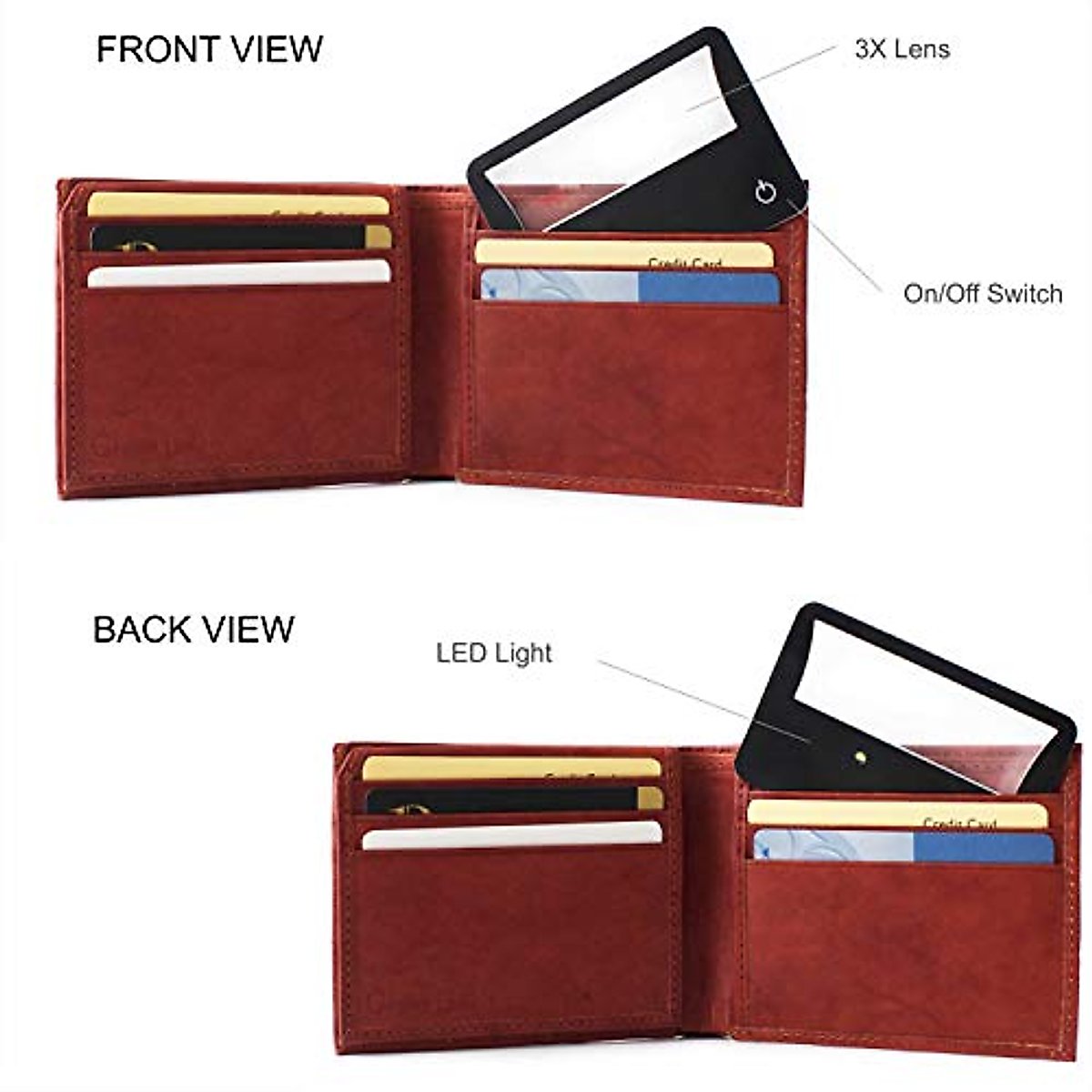 His and Her Credit Card Size Lighted 3X Magnifier Bundle Includes 2 Magnifiers, Each Magnifier for Reading has 3X Fresnel Lens, Use as 3X Magnifying Glass with Light or as Reading Magnifier for Menus