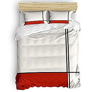 Laibao Duvet Cover Queen Size Abstract Gemoetric Art Red Color Block Soft Bedding Comforter Cover Set of 4 with 2 Pillow Cases 1 Flat Sheet Breathable Quilt Cover Sets for Boys Girls