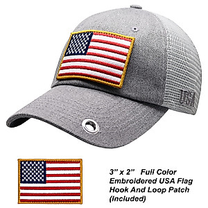 Antourage American Flag Unconstructed Hat for Men and Women Twill Mesh Snapback Baseball USA Flag Cap + 2 Patriotic Patches ((52) Grey Classic Mesh Snapback with Keyhole)